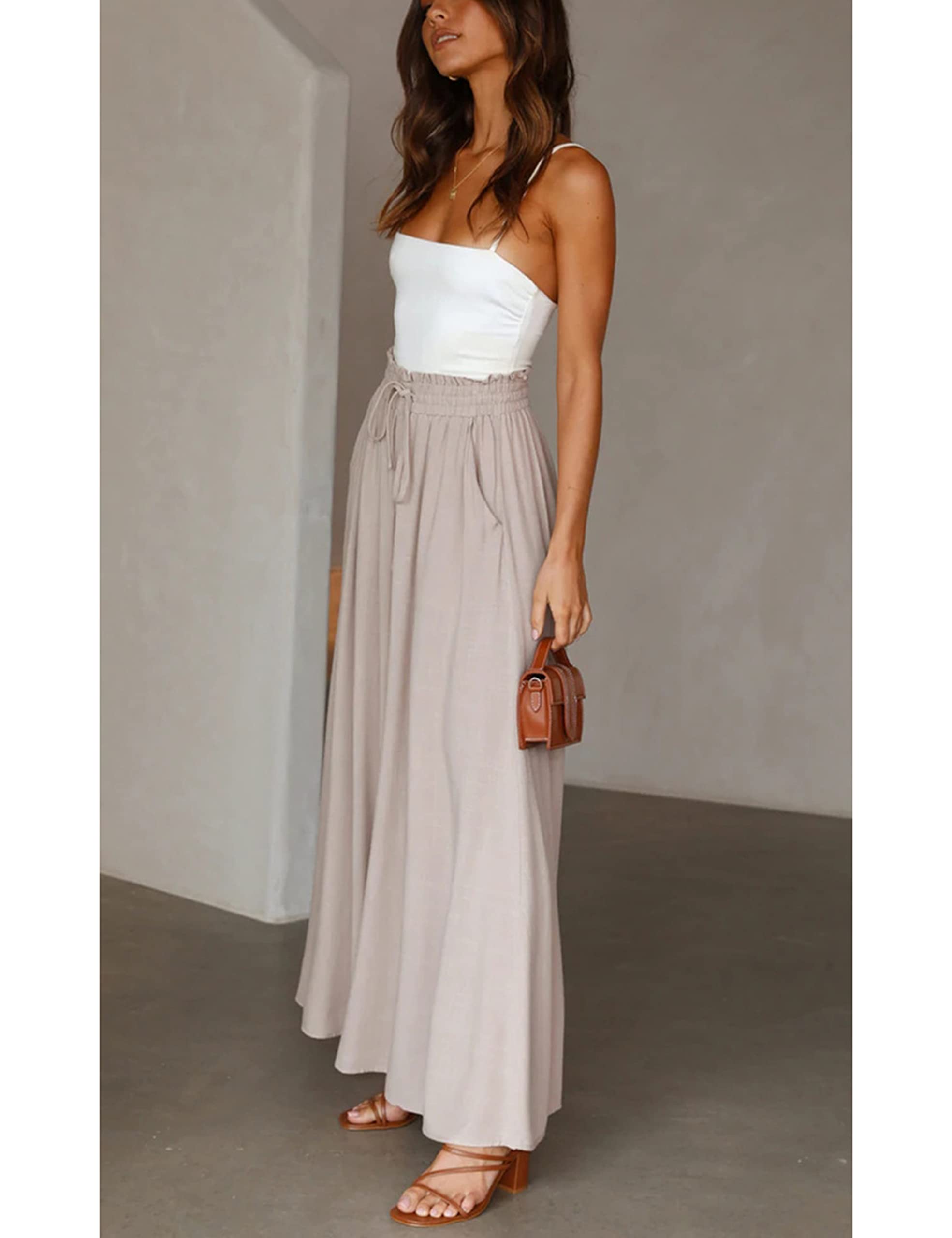 Watashi Women's Wide Leg High Waisted Pants Palazzo Elastic Flowy Loose Culotte Trouser(Apricot-XL)