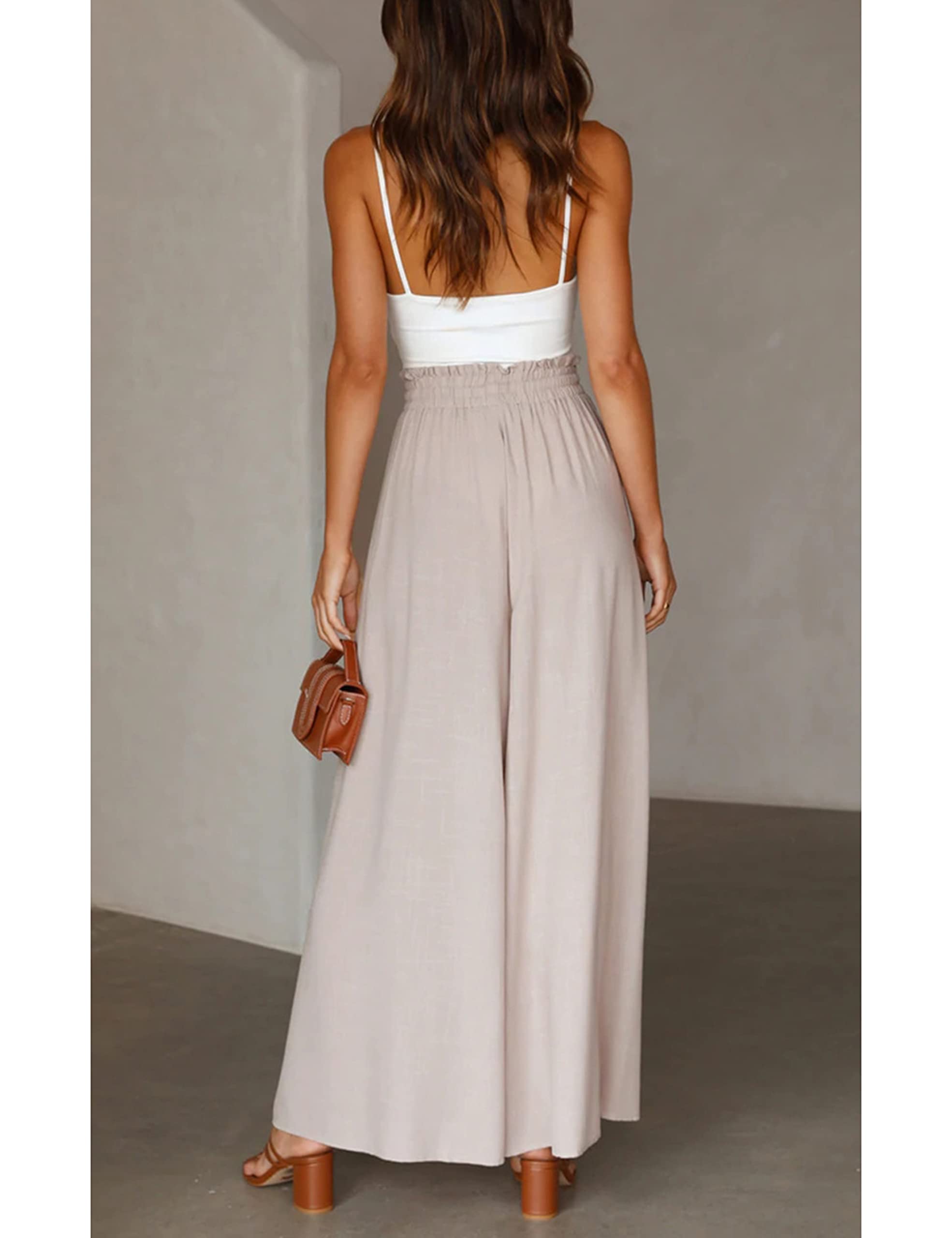 Watashi Women's Wide Leg High Waisted Pants Palazzo Elastic Flowy Loose Culotte Trouser(Apricot-XL)