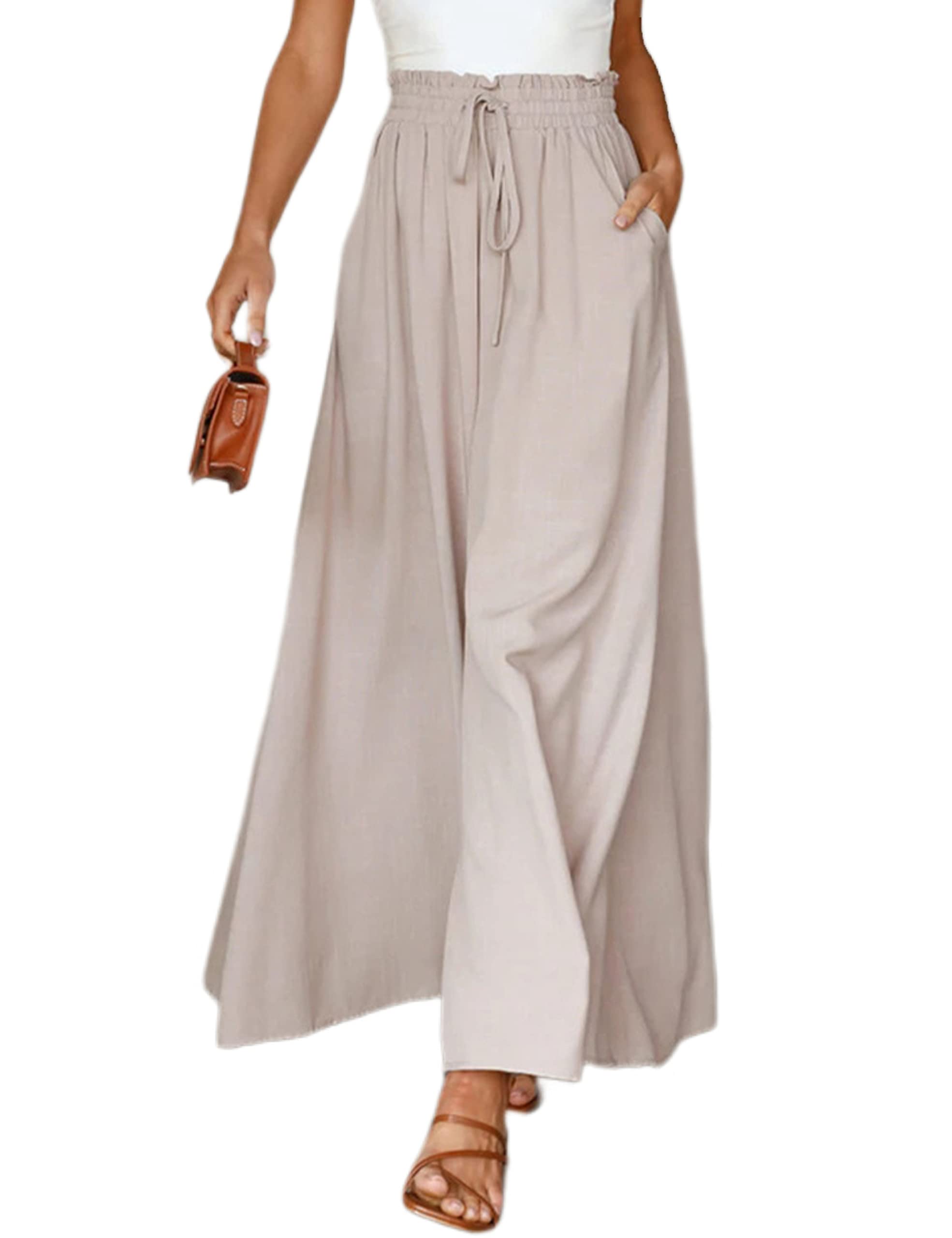 Watashi Women's Wide Leg High Waisted Pants Palazzo Elastic Flowy Loose Culotte Trouser(Apricot-XL)