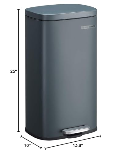 SONGMICS Trash Can with Lid, 8 Gallon Garbage Can, Stainless Steel Small Waste Bin with Step Pedal and Inner Bucket, Soft Close, Kitchen, Greenish Gray ULTB102G01