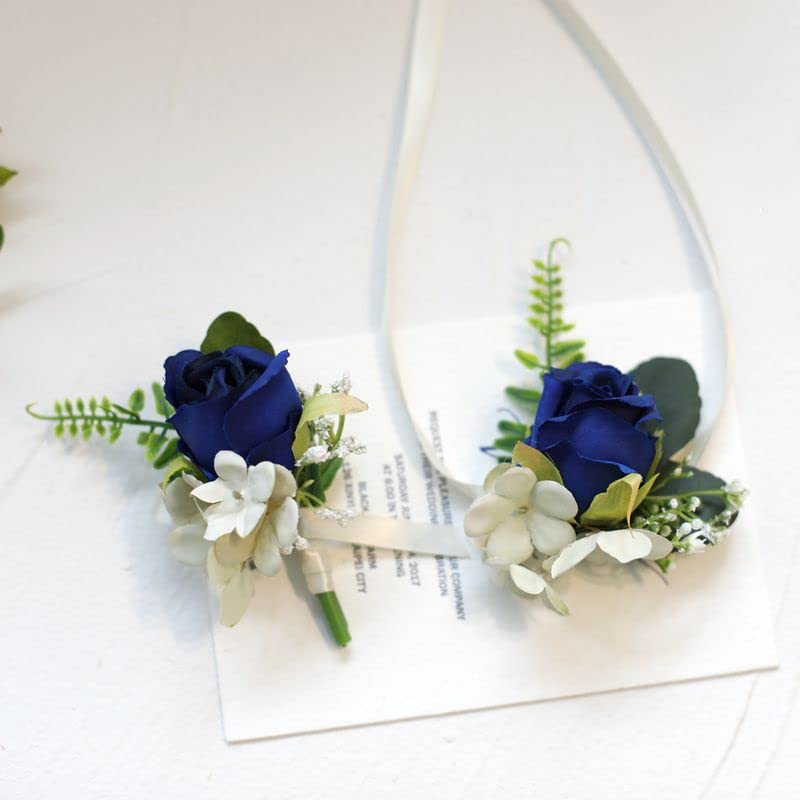 Latious Bride Wedding Corsage and Boutonniere Set Rose Wrist Corsages and Men Boutonnieres Set Prom Flowers Accessories Suit Decorations for Bride and Groom (3-Blue)
