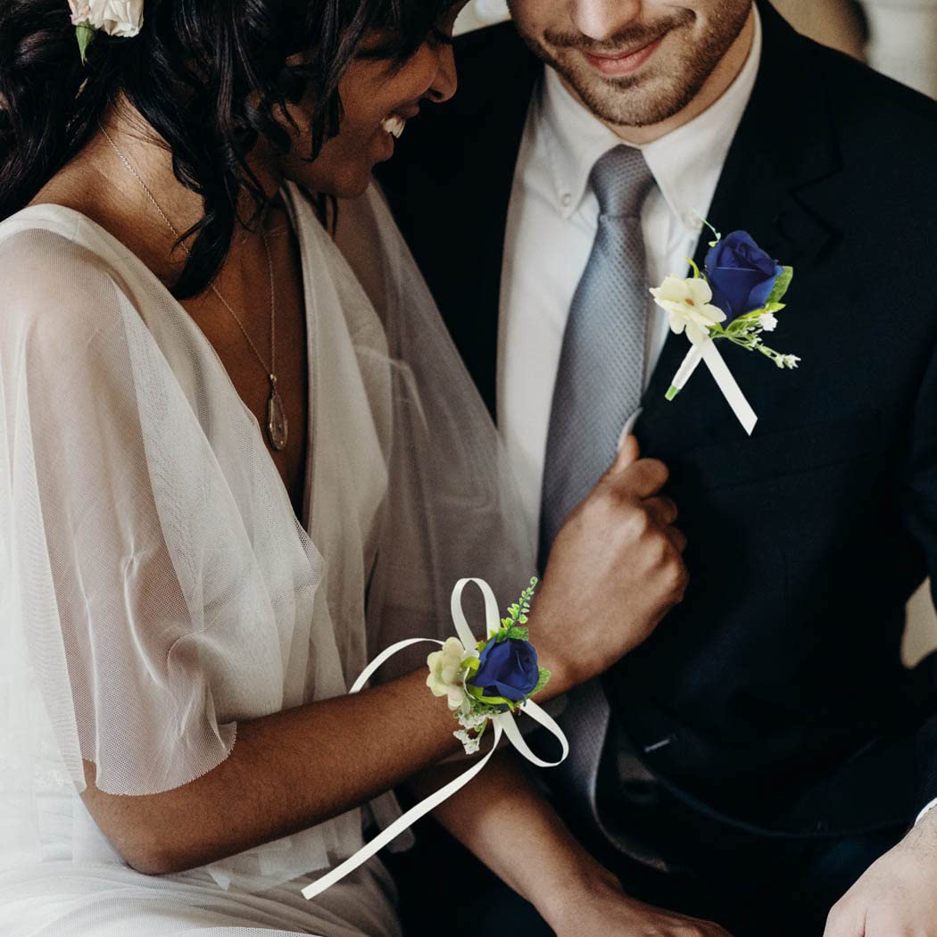 Latious Bride Wedding Corsage and Boutonniere Set Rose Wrist Corsages and Men Boutonnieres Set Prom Flowers Accessories Suit Decorations for Bride and Groom (3-Blue)