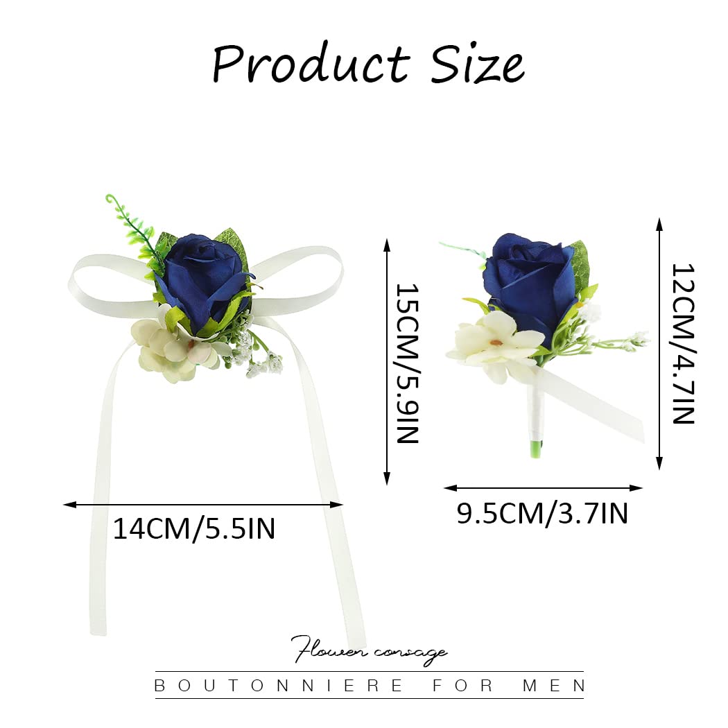 Latious Bride Wedding Corsage and Boutonniere Set Rose Wrist Corsages and Men Boutonnieres Set Prom Flowers Accessories Suit Decorations for Bride and Groom (3-Blue)