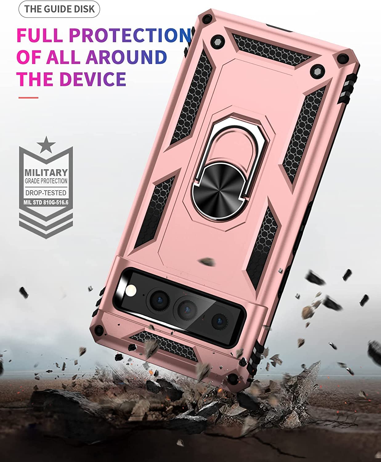 SunRemex for Google Pixel 7 Pro Case with Invisibility Screen Protector, Magnetic Ring Holder Kickstand,[Military Grade] 20ft. Drop Tested Protective Phone Case for Google Pixel 7 Pro (Rose Gold)