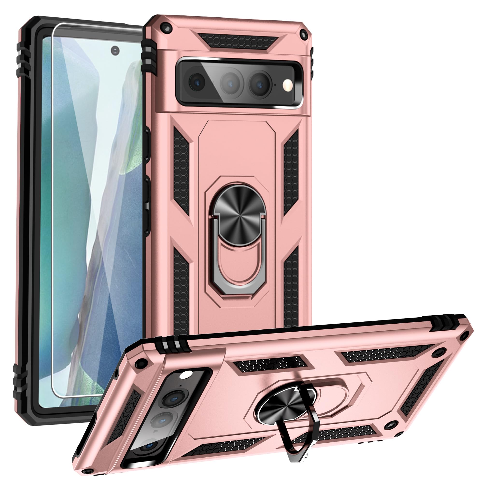 SunRemex for Google Pixel 7 Pro Case with Invisibility Screen Protector, Magnetic Ring Holder Kickstand,[Military Grade] 20ft. Drop Tested Protective Phone Case for Google Pixel 7 Pro (Rose Gold)