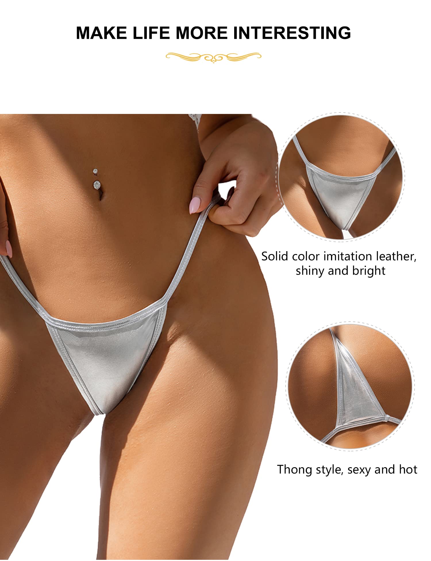 ohyeah Women’s Glossy Silver G-String Micro Thong Sexy Bikini Underwear Tangas Panties Metallic T-Back Thongs for Women Sexy Low Rise Underwear Panties 2XL