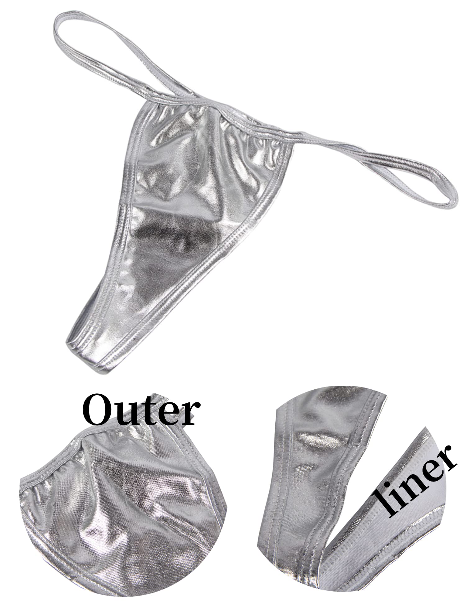 ohyeah Women’s Glossy Silver G-String Micro Thong Sexy Bikini Underwear Tangas Panties Metallic T-Back Thongs for Women Sexy Low Rise Underwear Panties 2XL
