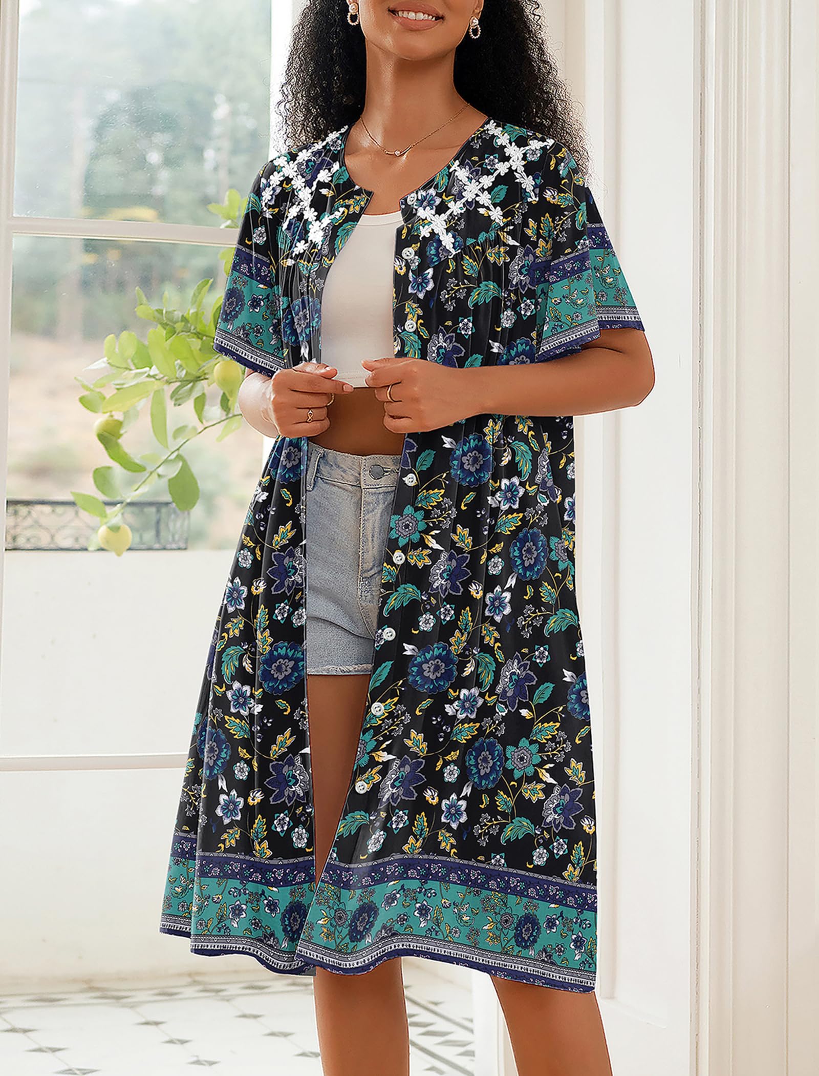 Ekouaer House Dress for Women Button Down Nightgown Short Sleeve Housecoat with pockets S-4XL,Navy Blue Flower,XL