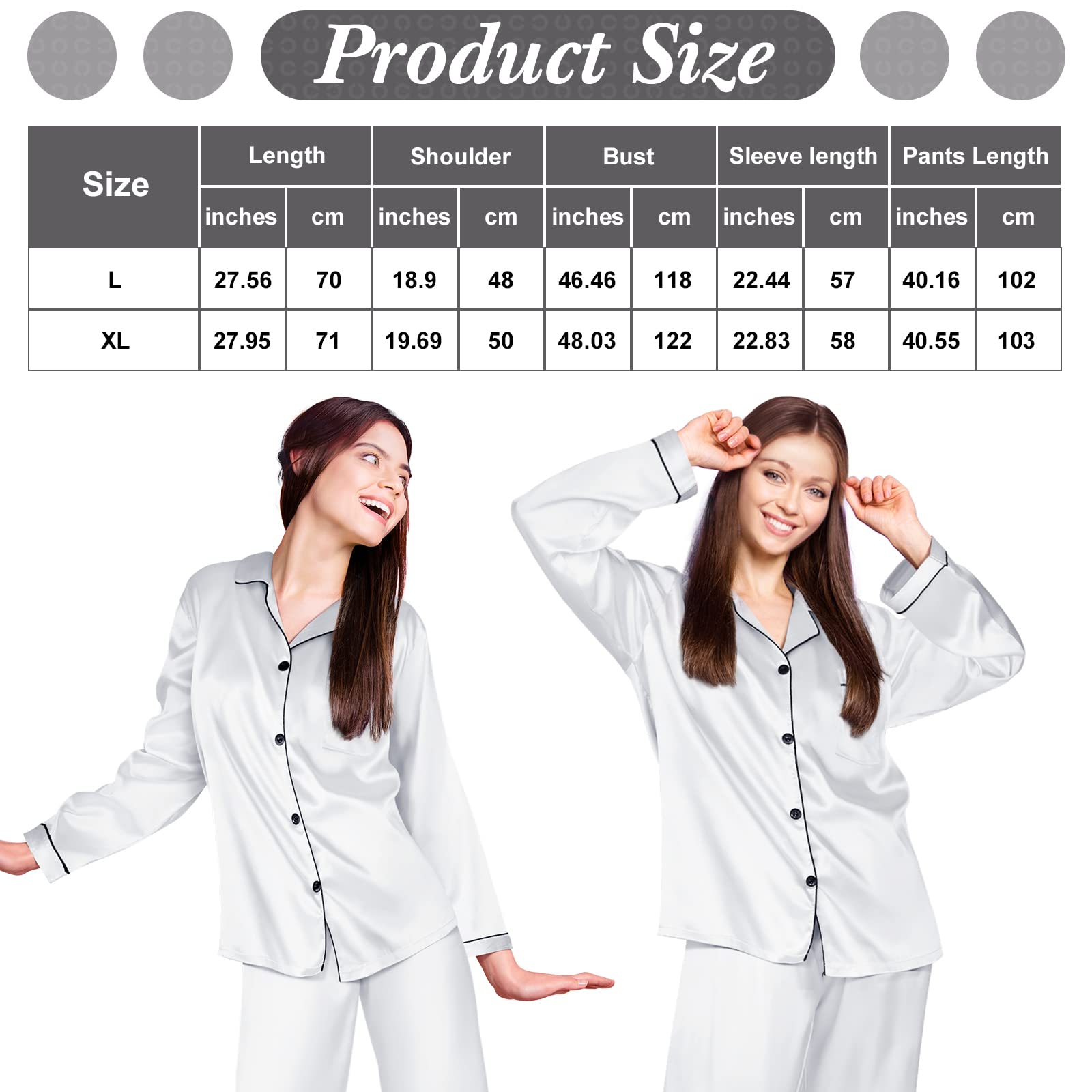 Unittype Women Silk Pajama Set Long Sleeve Silk Sleepwear Satin 2 Pcs Classic Button Down Pajamas for Bride Wedding Party (White, L)