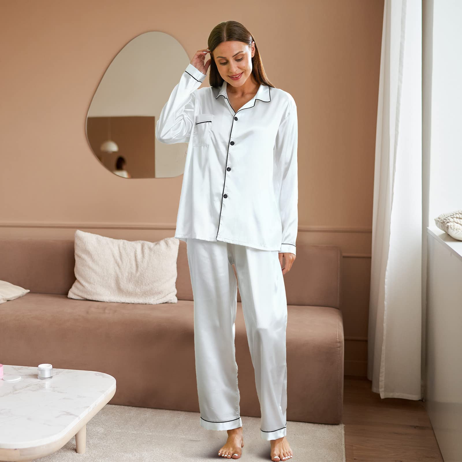 Unittype Women Silk Pajama Set Long Sleeve Silk Sleepwear Satin 2 Pcs Classic Button Down Pajamas for Bride Wedding Party (White, L)