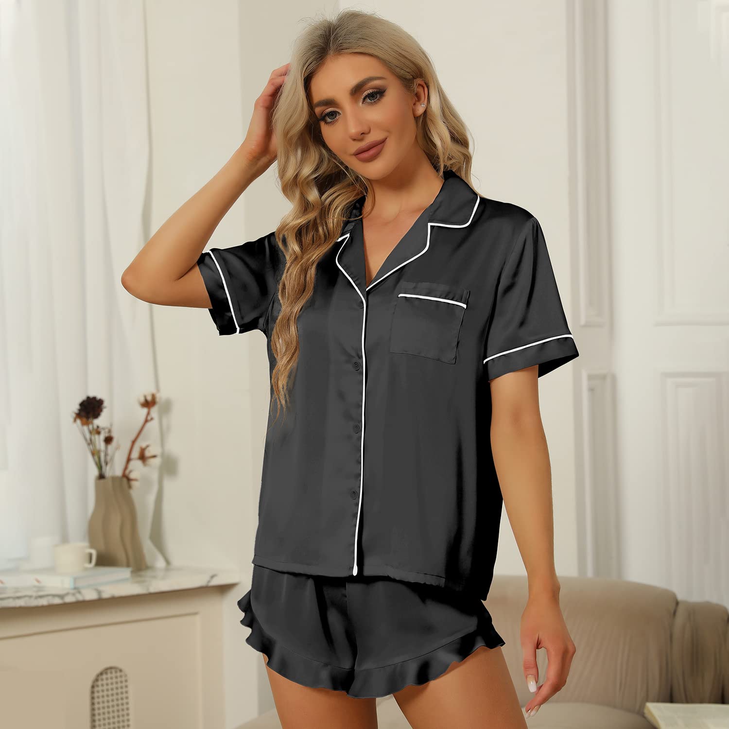 SAPJON Satin Silk Pajamas for Women 2Pcs Ruffle Notch Collar Sleepwear Button Down Short Sleeve Shorts Pjs Set Loungewear Black