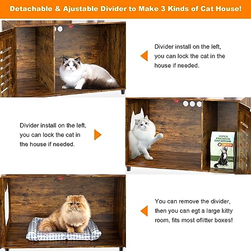 EasyCom Litter Box Enclosure, Hidden Cat Tree Tower Furniture for Indoor House, Modern Wooden All-in-one Cat Litter Cabinet with Scratching Post and Condo, Brown