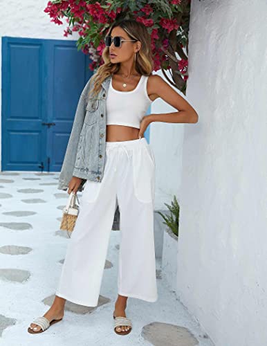 Zeagoo Women's Summer Cotton Linen Palazzo Pants Drawstring Waist Wide Leg Pocket Loose Casual Trousers White XL