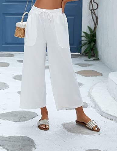 Zeagoo Women's Summer Cotton Linen Palazzo Pants Drawstring Waist Wide Leg Pocket Loose Casual Trousers White M