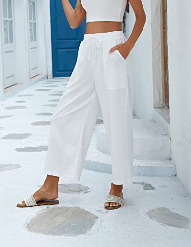 Zeagoo Women's Summer Cotton Linen Palazzo Pants Drawstring Waist Wide Leg Pocket Loose Casual Trousers White M