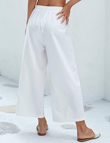Zeagoo Women's Summer Cotton Linen Palazzo Pants Drawstring Waist Wide Leg Pocket Loose Casual Trousers White M