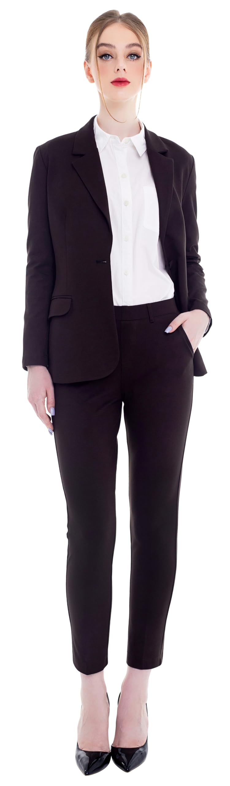 Marycrafts Women's Business Blazer Pant Suit Set for Work 12 Black Brown