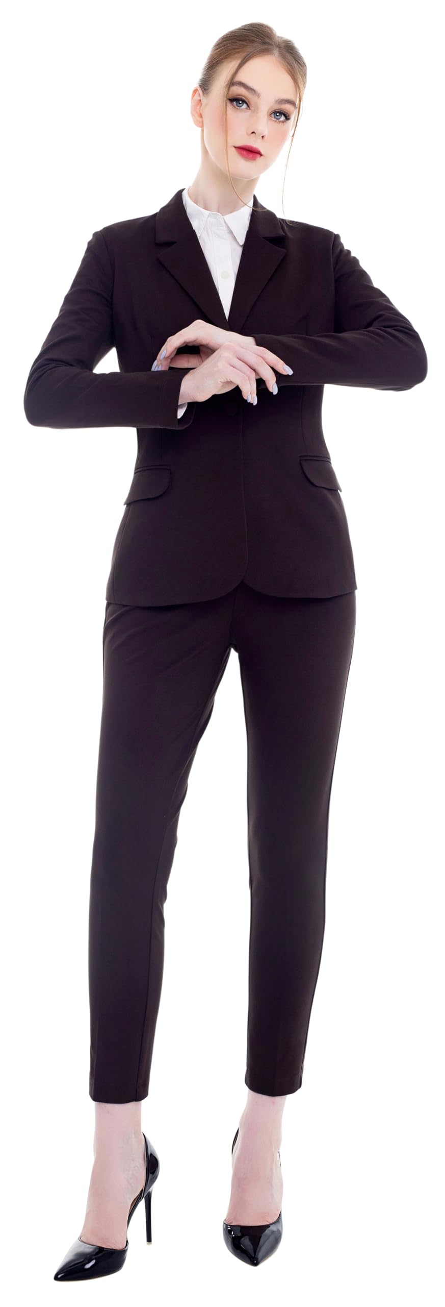 Marycrafts Women's Business Blazer Pant Suit Set for Work 12 Black Brown