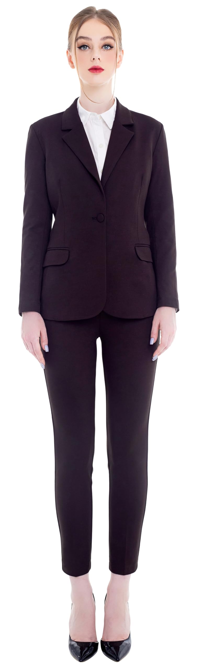 Marycrafts Women's Business Blazer Pant Suit Set for Work 12 Black Brown