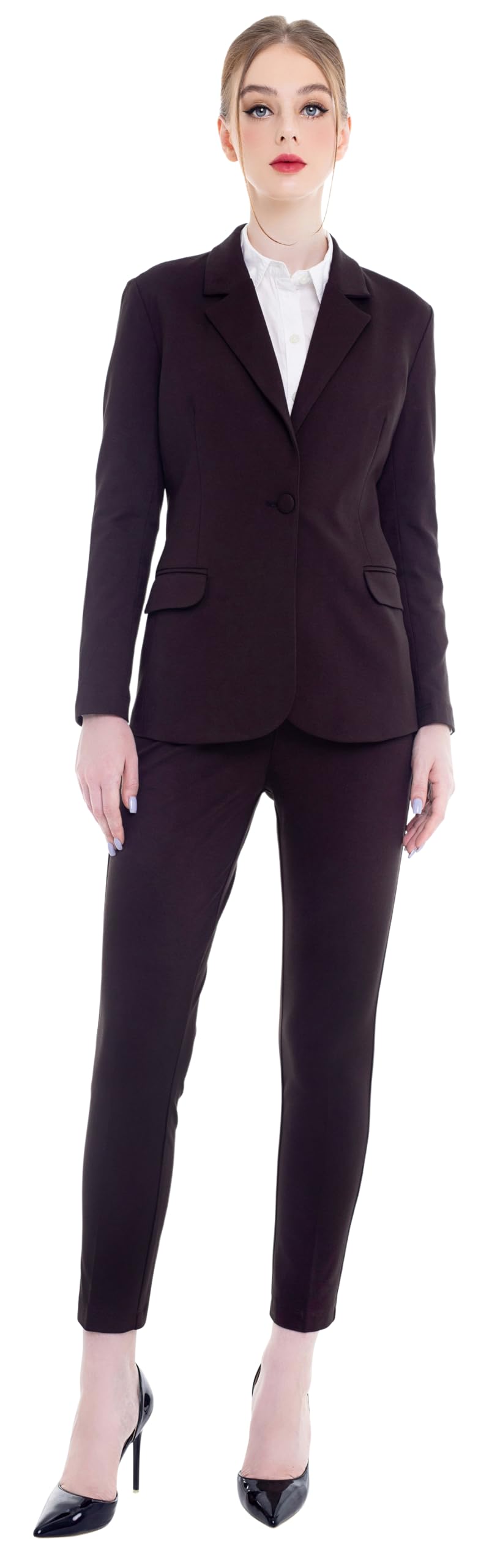 Marycrafts Women's Business Blazer Pant Suit Set for Work 12 Black Brown