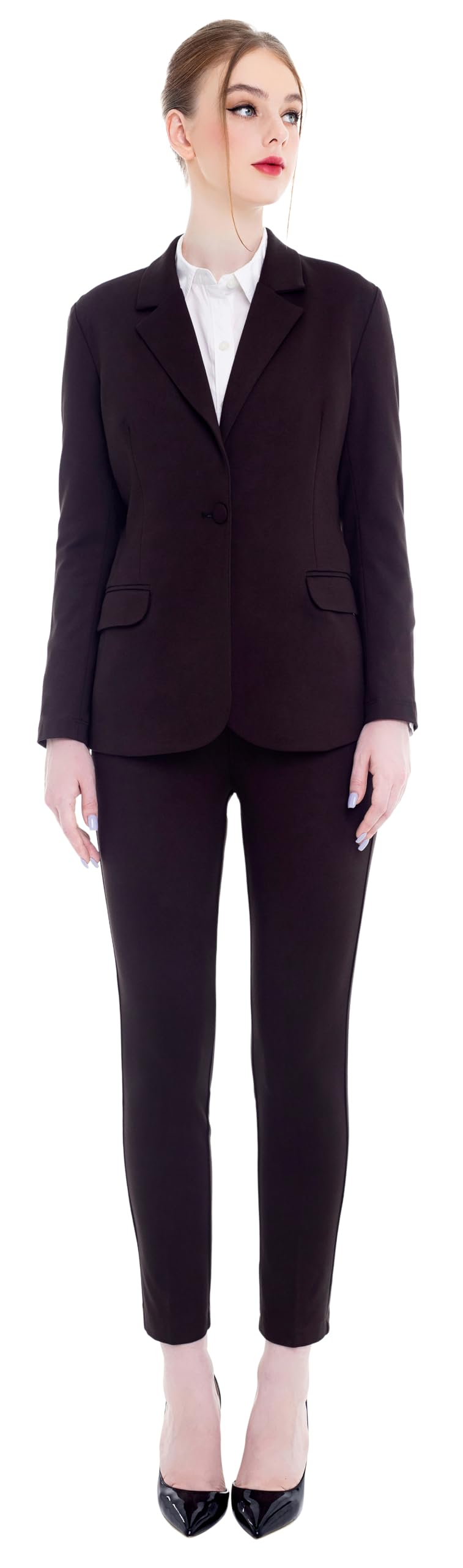 Marycrafts Women's Business Blazer Pant Suit Set for Work 12 Black Brown