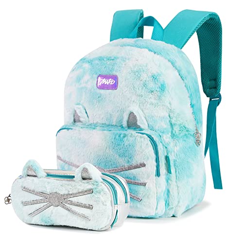 Bendopa Cat Backpack for Girls, Kids backpack Set with Pencil Case, Plush Kitty Schoolbag for Children, Furry Green