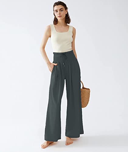 Linen Pants for Women, Summer Drawstring High Waist with Pockets Cotton Linen Palazzo Pants Beach Wide Leg Pant Trousers