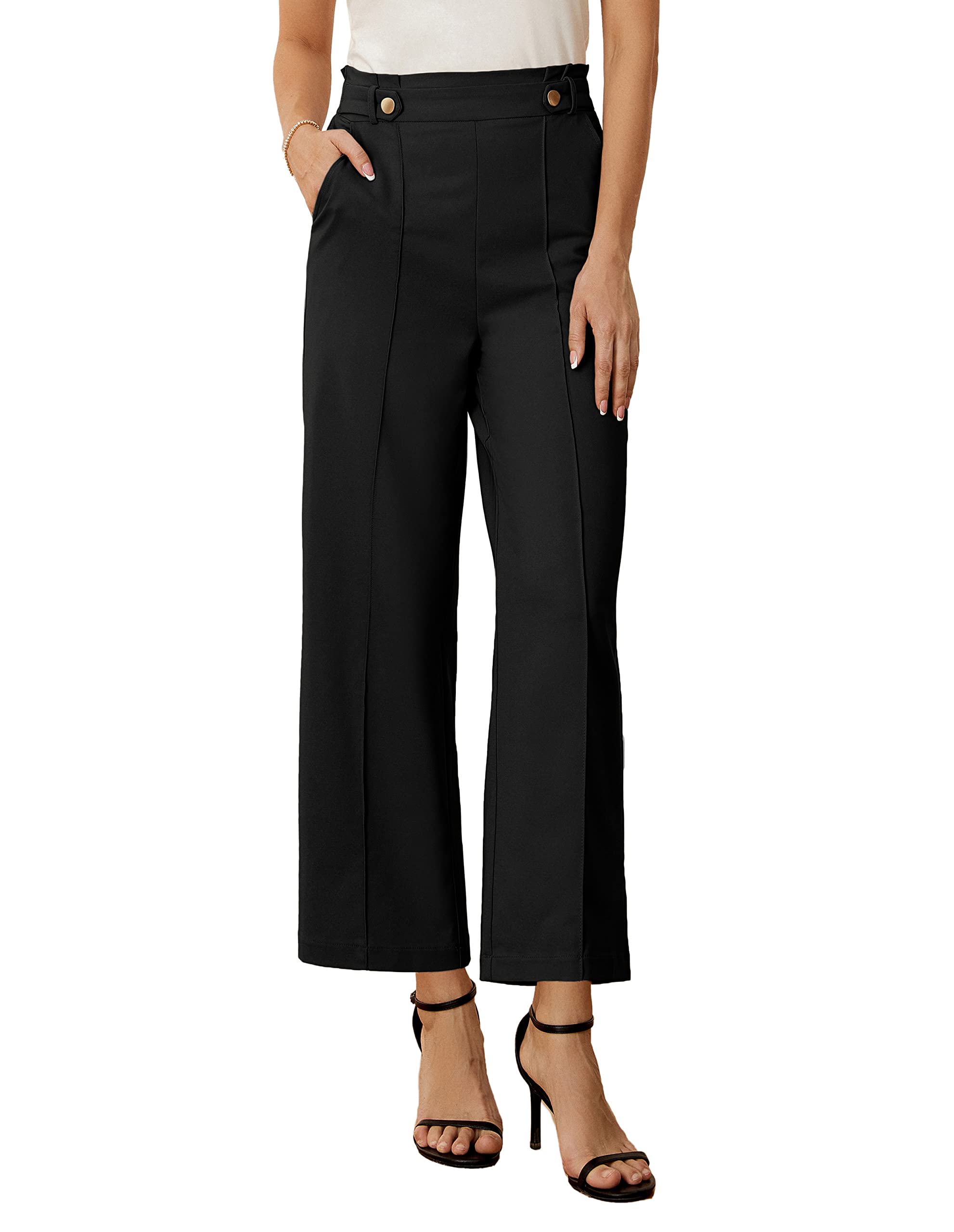GRACE KARIN Women's Straight Leg Cropped Dress Pants Elastic High Waist Wide Leg Business Casual Slacks Capris with Pocket Black S