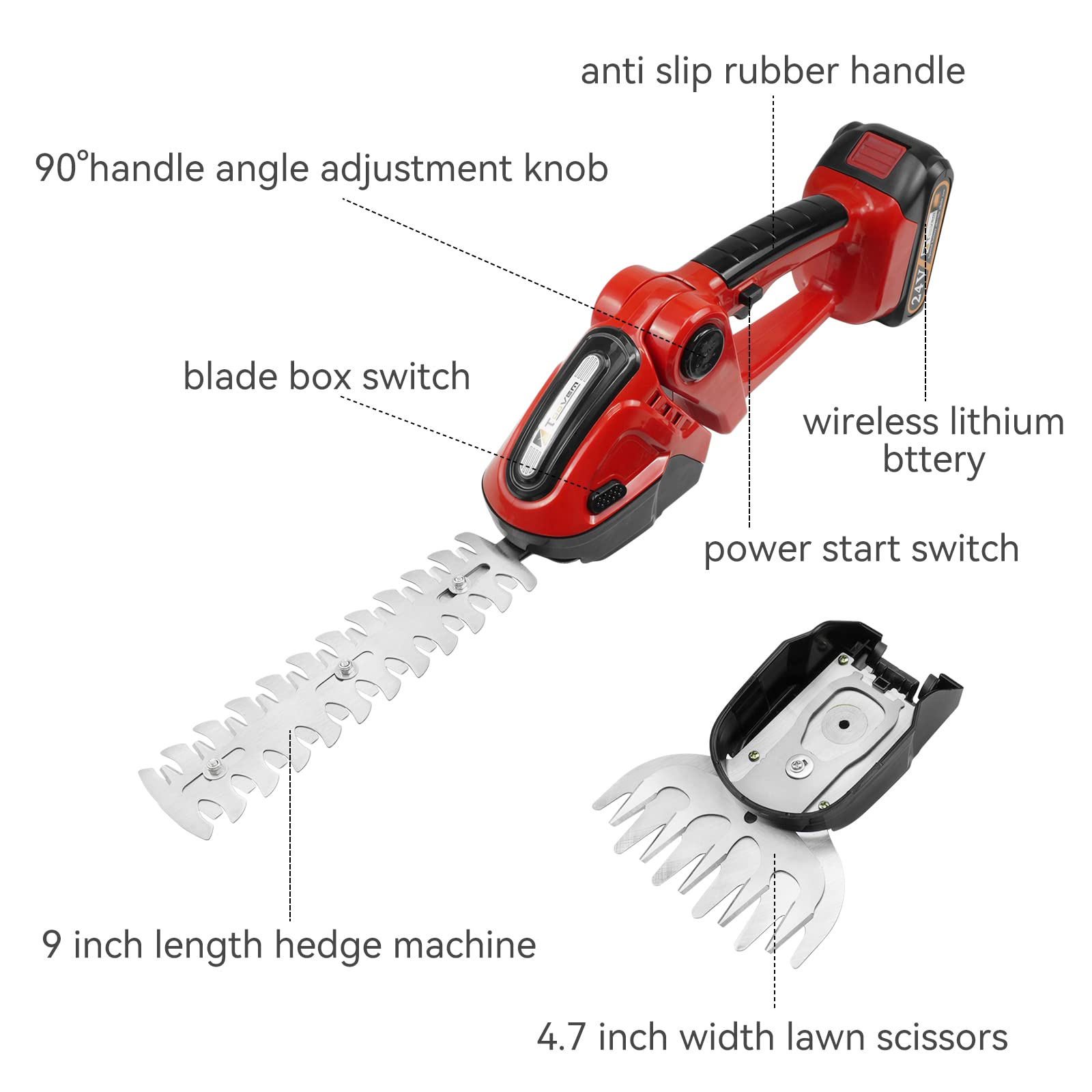 Hedge Trimmer Cordless, TOOVEM 2 in 1 Handheld Cordless Grass Shear with 2 Pcs Rechargeable Batterys and Charger, 24V Electric Weed Grass Cutter Shrubbery Trimmer for Garden, Lawn (Red)
