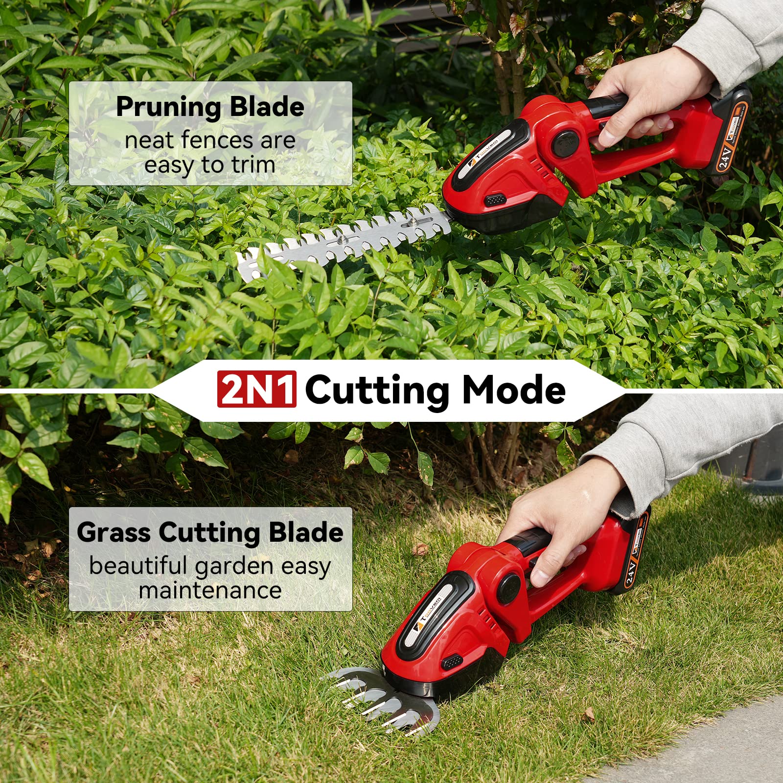 Hedge Trimmer Cordless, TOOVEM 2 in 1 Handheld Cordless Grass Shear with 2 Pcs Rechargeable Batterys and Charger, 24V Electric Weed Grass Cutter Shrubbery Trimmer for Garden, Lawn (Red)