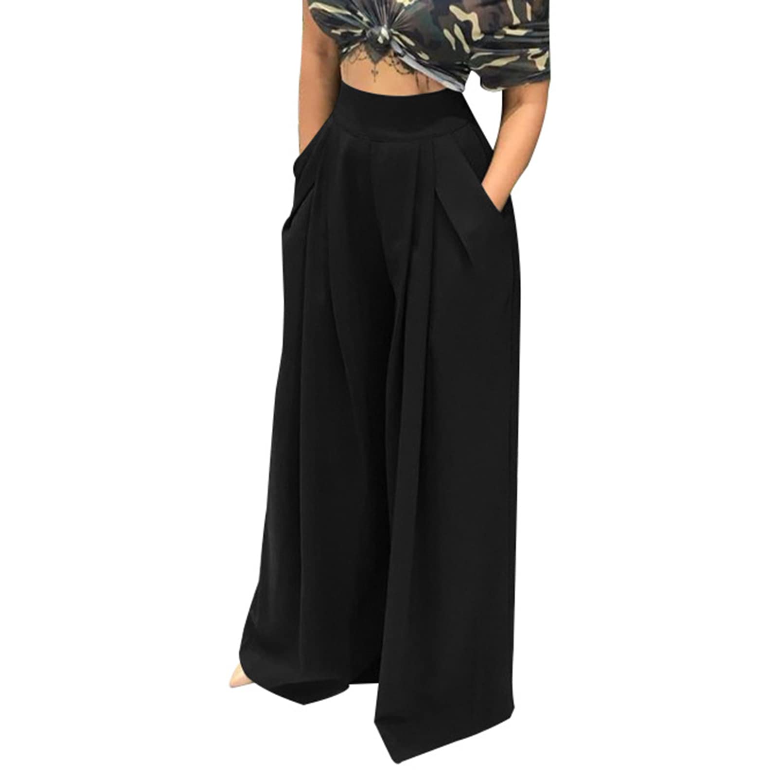 MHGFELKY Women's Palazzo Long Pants High Waist Wide Leg Stretchy Loose Fit Casual Trousers with Pocket Black