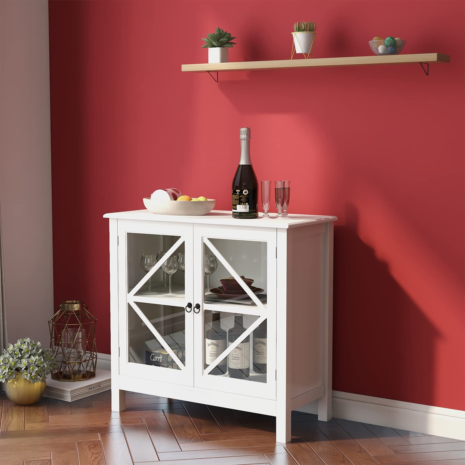 Modern Buffet Cabinet, Display Sideboard Cabinet with Double Glass Doors Kitchen Buffet Console Table with Metal Handle Kitchen Cupboard for Bathroom, Living Room, Bedroom, Kitchen, White