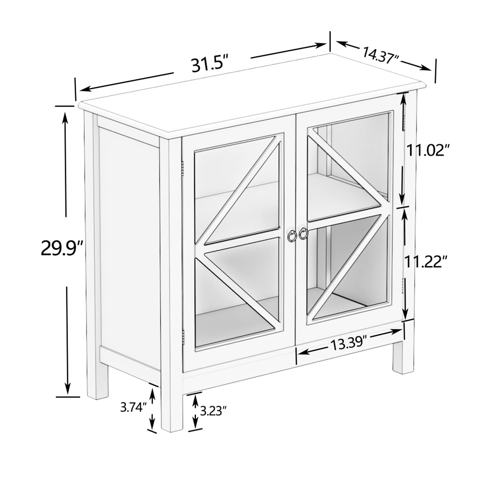 Modern Buffet Cabinet, Display Sideboard Cabinet with Double Glass Doors Kitchen Buffet Console Table with Metal Handle Kitchen Cupboard for Bathroom, Living Room, Bedroom, Kitchen, White