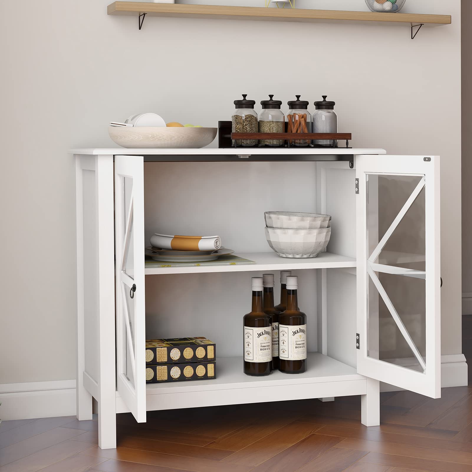 Modern Buffet Cabinet, Display Sideboard Cabinet with Double Glass Doors Kitchen Buffet Console Table with Metal Handle Kitchen Cupboard for Bathroom, Living Room, Bedroom, Kitchen, White