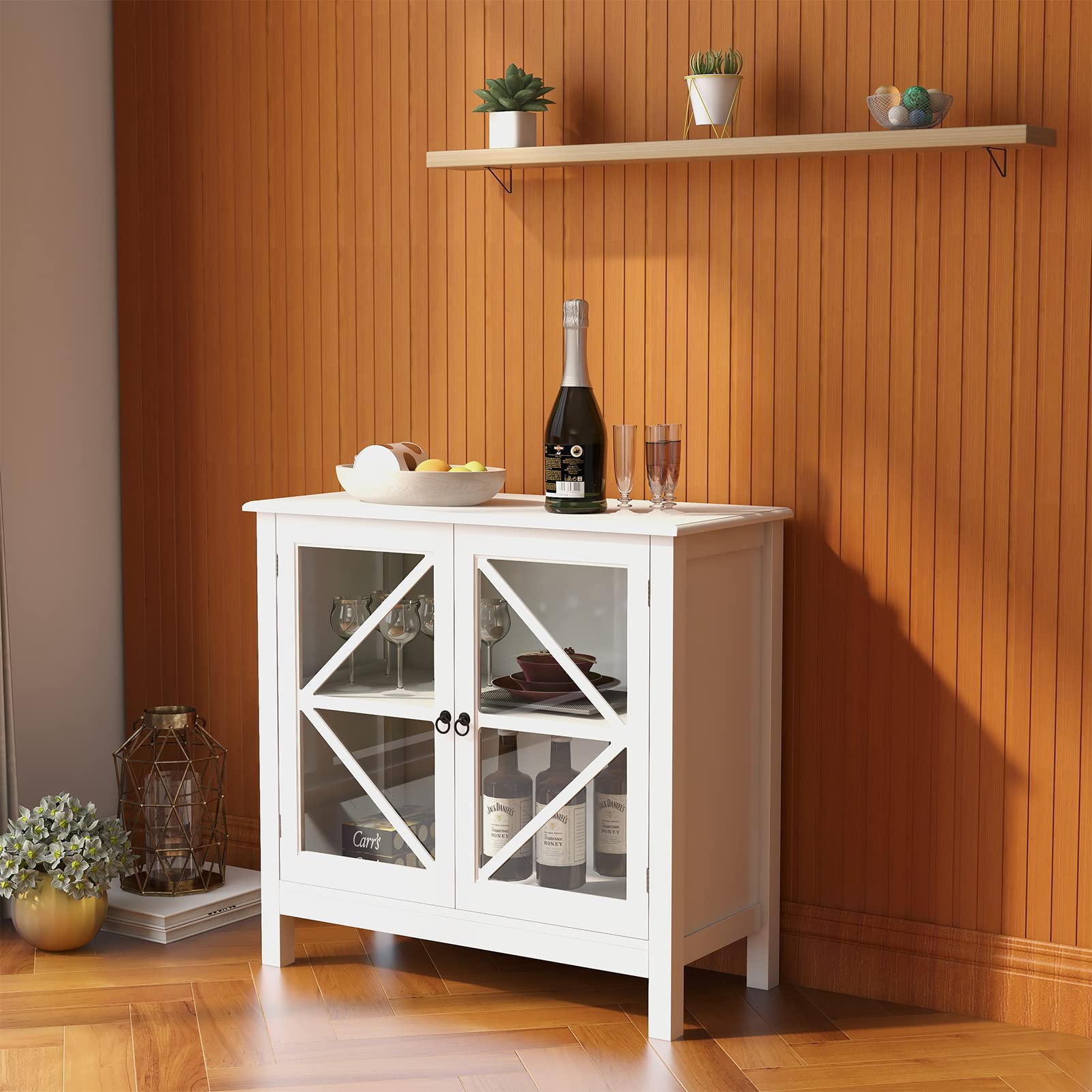 Modern Buffet Cabinet, Display Sideboard Cabinet with Double Glass Doors Kitchen Buffet Console Table with Metal Handle Kitchen Cupboard for Bathroom, Living Room, Bedroom, Kitchen, White