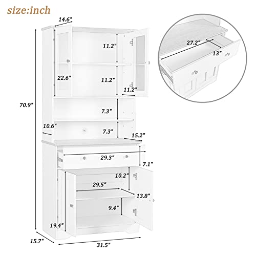70.9" Freestanding Kitchen Pantry, Kitchen Cupboard Storage Cabinet with Glass Doors and Large Drawer Tall Pantry Cabinet Cupboard with Adjustable Shelves for Dining Room, Living Room, Antique White