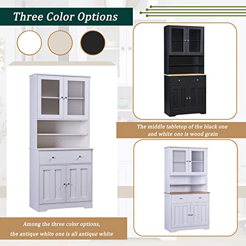70.9" Freestanding Kitchen Pantry, Kitchen Cupboard Storage Cabinet with Glass Doors and Large Drawer Tall Pantry Cabinet Cupboard with Adjustable Shelves for Dining Room, Living Room, Antique White