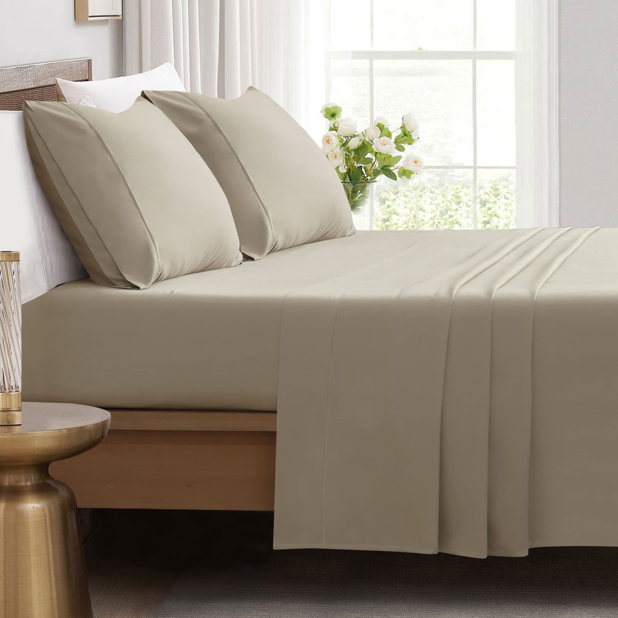 IR Imperial Rooms Beige Full Size Bed Sheets - 4 Pcs Luxury Sheets & Pillowcases for Spa, Hotels, Guest Bedroom & Airbnbs - Brushed Microfiber Full Size Sheets