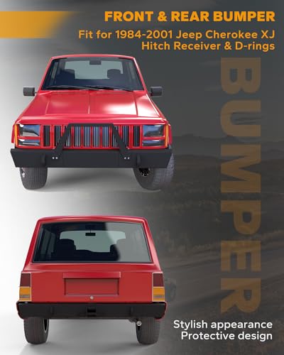 Autoholic Front Bumper & Rear Bumper Kit Fit for 1984-2001 Jeep Cherokee XJ with Hitch Receiver D-rings