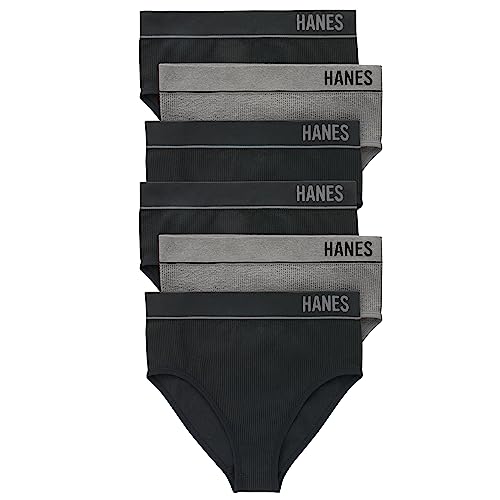 Hanes Women's Originals Hi-Leg Underwear, Seamless Rib Bikini, Assorted Colors, 6-Pack, 4 Black/2 Heritage Grey Marle, 2X Large