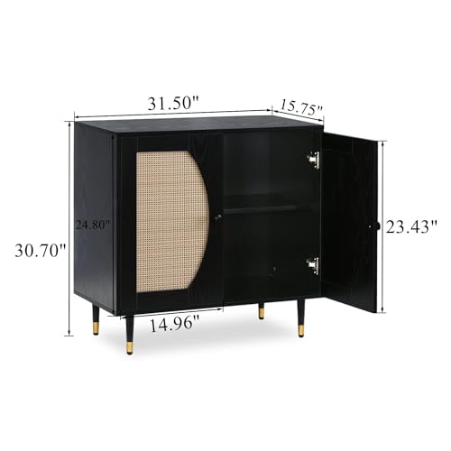 4 EVER WINNER Rattan Sideboard Cabinet with Handmade Natural Rattan Doors, Coffee Bar Storage Cabinet with 4 Solid Wood Table Legs, Bohemian Style Accent Cabinet Console Table for Hallway, Entryway