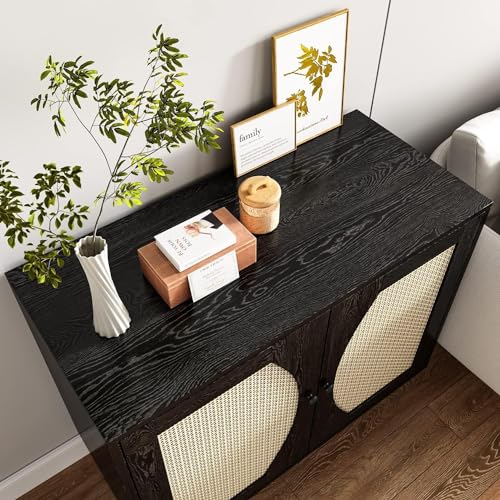 4 EVER WINNER Rattan Sideboard Cabinet with Handmade Natural Rattan Doors, Coffee Bar Storage Cabinet with 4 Solid Wood Table Legs, Bohemian Style Accent Cabinet Console Table for Hallway, Entryway