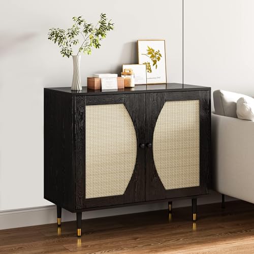 4 EVER WINNER Rattan Sideboard Cabinet with Handmade Natural Rattan Doors, Coffee Bar Storage Cabinet with 4 Solid Wood Table Legs, Bohemian Style Accent Cabinet Console Table for Hallway, Entryway