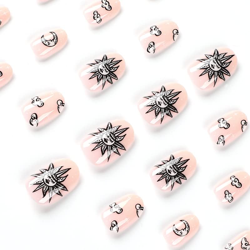 Press on Nails Short Moon Clouds with Designs Nude Glossy Fake Nails Full Cover Glue on Nails Acrylic Nails False Nails Nail Decorations for Women Girls