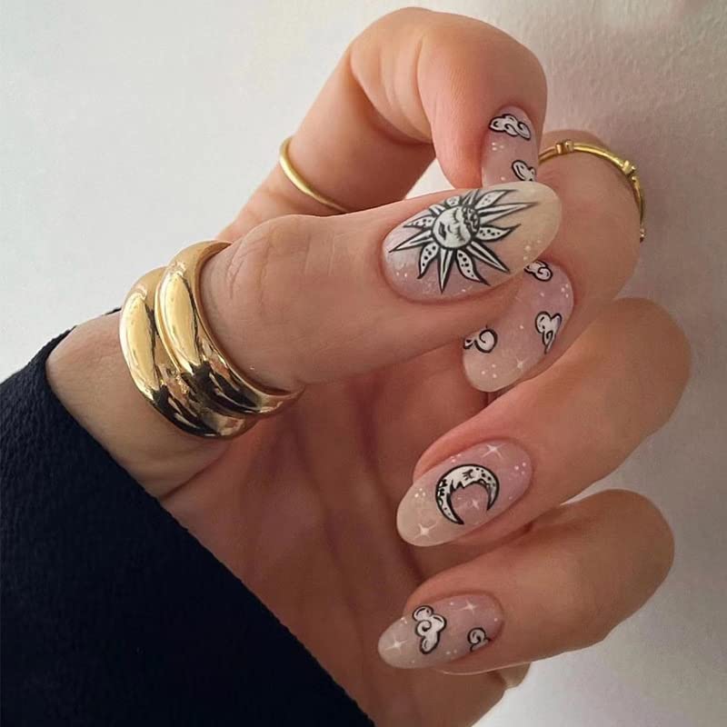 Press on Nails Short Moon Clouds with Designs Nude Glossy Fake Nails Full Cover Glue on Nails Acrylic Nails False Nails Nail Decorations for Women Girls