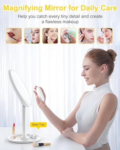 Make up Mirror with Lights, 1X/10X Magnifying Vanity Mirror with 46 LED Lights, 3 Lighting Modes, Brightness Adjustable and Rechargeable Personal Compact Travel Makeup Mirrors