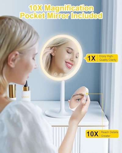 Make up Mirror with Lights, 1X/10X Magnifying Vanity Mirror with 46 LED Lights, 3 Lighting Modes, Brightness Adjustable and Rechargeable Personal Compact Travel Makeup Mirrors