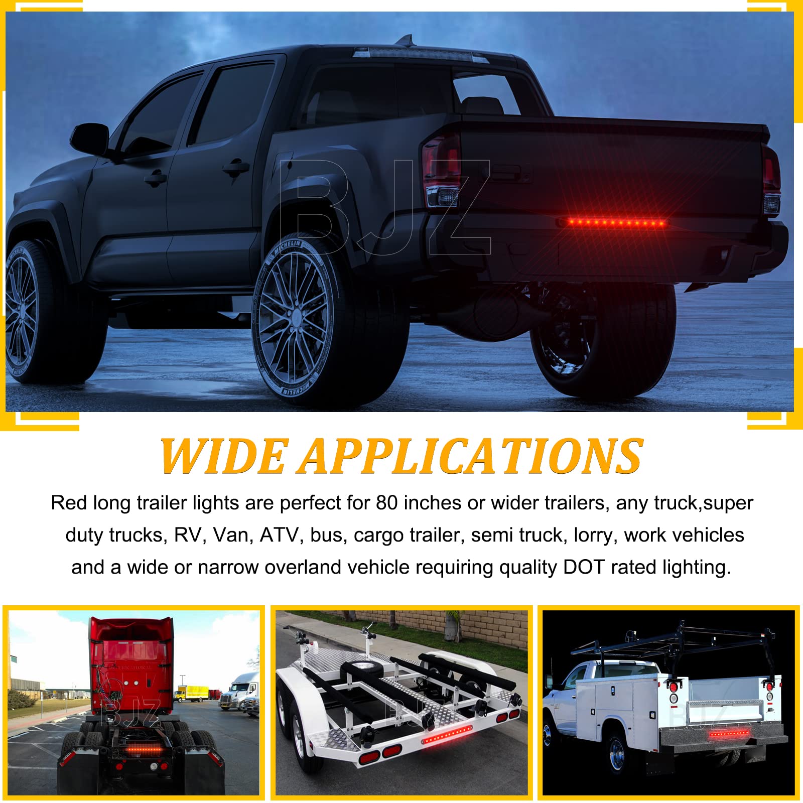 BJZ 16'' Trailer LED Lights Bar Red 12LED Brake Stop ID Left Right Turn Signal Light Tail Marker Rear Identification Light Strip Waterproof Led Lamp for 80'' Truck Trailer Bus Van RV ATV Offroad, 1Pcs