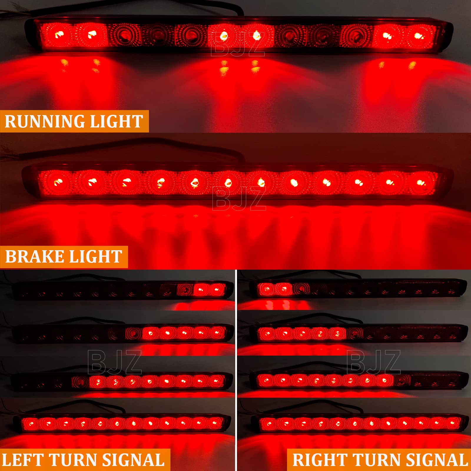BJZ 16'' Trailer LED Lights Bar Red 12LED Brake Stop ID Left Right Turn Signal Light Tail Marker Rear Identification Light Strip Waterproof Led Lamp for 80'' Truck Trailer Bus Van RV ATV Offroad, 1Pcs