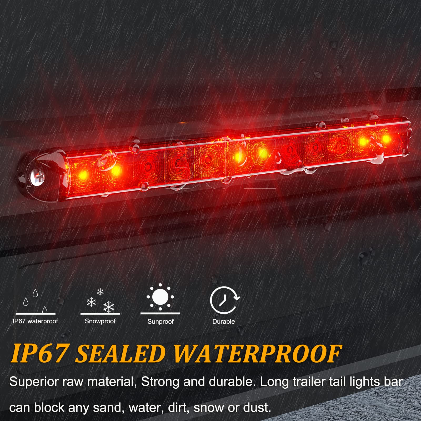 BJZ 16'' Trailer LED Lights Bar Red 12LED Brake Stop ID Left Right Turn Signal Light Tail Marker Rear Identification Light Strip Waterproof Led Lamp for 80'' Truck Trailer Bus Van RV ATV Offroad, 1Pcs